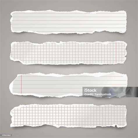 찢어진 종이 스트립 찢어진 가장자리가있는 현실적인 구겨진 종이 스크랩 노트북 페이지의 줄 지어 조각 벡터 일러스트레이션 0명에 대한 스톡 벡터 아트 및 기타 이미지 Istock