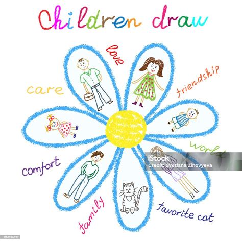 컬러 연필과 크레용어린이 그림 카모마일과 가족 엄마 아빠 아이들과 고양이 귀여운에 대한 스톡 벡터 아트 및 기타 이미지 귀여운 꽃 식물 밝은 빛 Istock