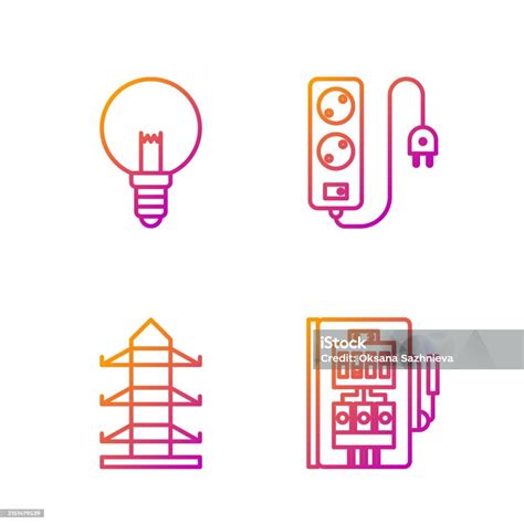 세트 라인 전기 패널 고전압 전봇대 라인 전구 및 전기 연장 코드 그라데이션 색상 아이콘 벡터 0명에 대한 스톡 벡터 아트 및 기타 이미지 Istock