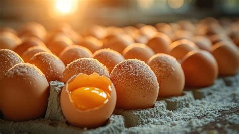 Fresh Brown Eggs With One Broken Egg Revealing Yolk In Cardboard
