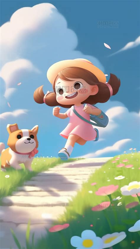 草原小女孩奔跑儿童节海报小清新插画风六一儿童节海报尽情玩耍图片潮国创意