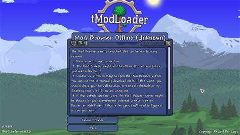 problem with tmodloader mod browser offline unknown r terraria