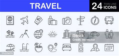 여행 웹 아이콘이 설정되었습니다 여행과 관광 간단한 얇은 선 아이콘 모음입니다 여름 휴가 휴가 여행 호텔 공항 여행 등을 포함합니다 간단한 웹 아이콘 설정 아이콘에 대한