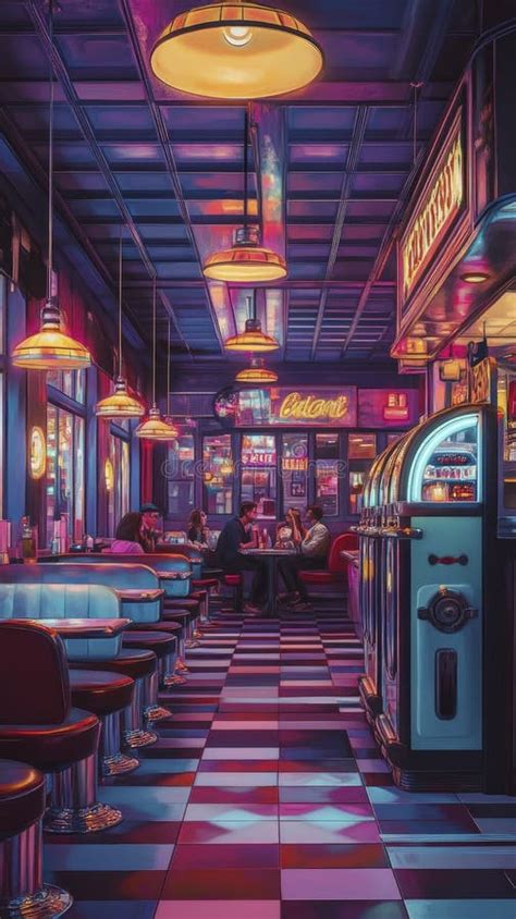 Old School Diner Interior With Neon Lights Vinyl Booths And A Jukebox