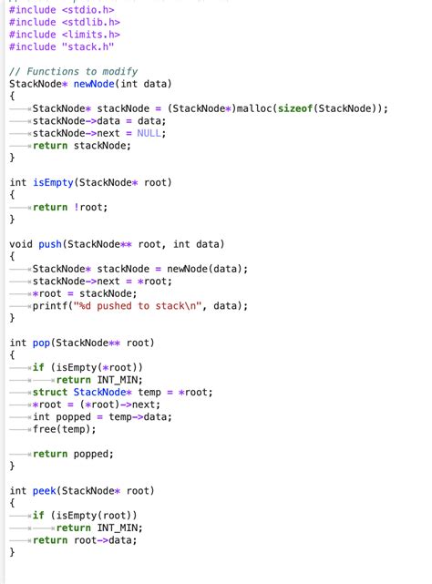 in c modify the functions in stack c to work with