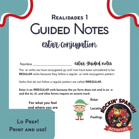 Spanish Verb Estar Guided Notes And Conjugation Chart No Prep Realidades 1