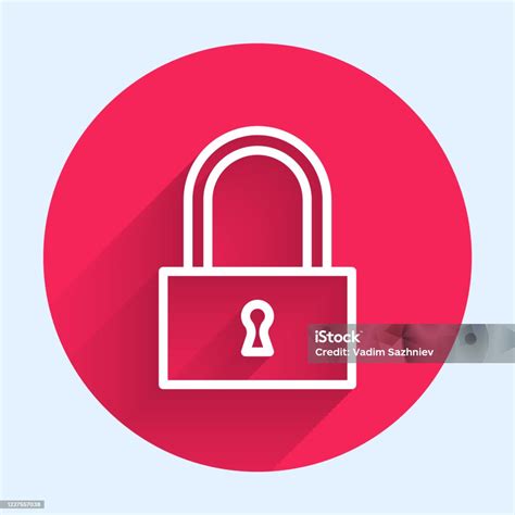긴 그림자로 격리된 흰색 선 잠금 아이콘입니다 자물쇠 기호입니다 보안 안전 보호 개인 정보 보호 개념 빨간색 원 버튼입니다 벡터 일러스트레이션 그림자에 대한 스톡 벡터 아트