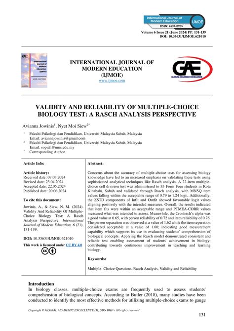 Pdf Validity And Reliability Of Multiple Choice Biology Test A Rasch Analysis Perspective