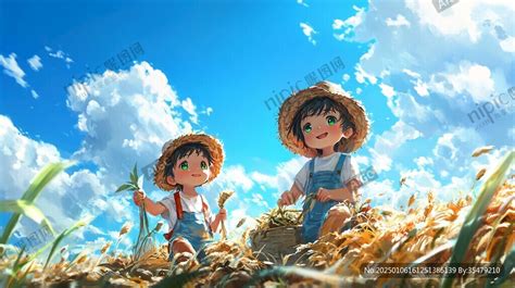 Ai创作图二十四节气之芒种横版 卡通晒粮食 戴草帽的小农民 农家娃娃插画 治愈系儿插 种水稻插画 小龙农夫拿麦穗头像 谷堆插画 桓仁大米插画 稻草人一家 小龙农夫拿麦穗形象 儿插广告 粮田插画