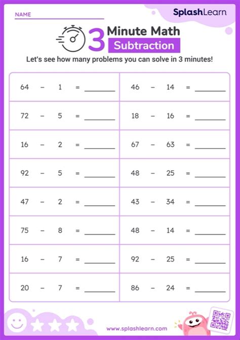 Subtract Numbers Within 100 Horizontal Timed Practice — Printable Math