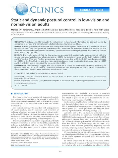 Pdf Static And Dynamic Postural Control In Low Vision And Normal Vision Adults