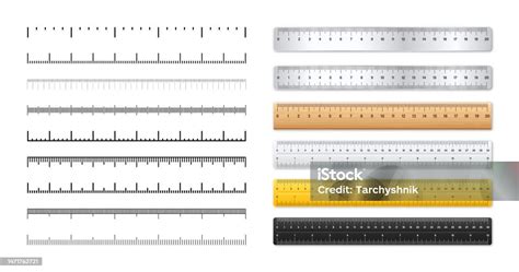 현실적인 금속 및 플라스틱 통치자 측정 척도는 나눗셈으로 표시됩니다 길이 또는 높이를 센티미터 인치 단위로 측정하기위한 스케일 눈금자 줄자 표시 크기 표시기 벡터 그림 0