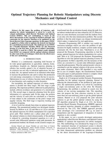 PDF Optimal Trajectory Planning For Robotic Manipulators Using Discrete Mechanics And Optimal