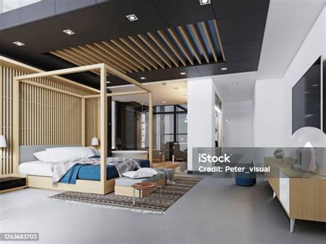 침실의 현대적인 유행 디자인 캐노피가있는 침대 Tv 유닛 부드러운 의자 2개 4포스터가 있는 나무 침대 0명에 대한 스톡 사진