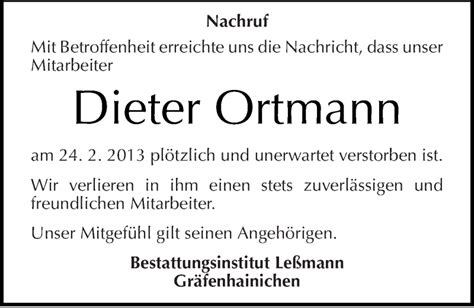 Traueranzeigen Von Dieter Ortmann Abschied Nehmen De