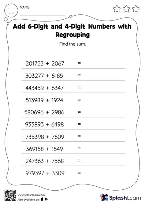 Add 6 Digit And 4 Digit Numbers With Regrouping Horizontal Addition Worksheet