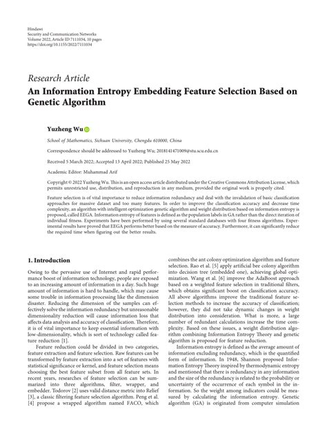Pdf An Information Entropy Embedding Feature Selection Based On Genetic Algorithm