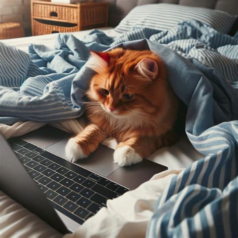 Cat Working On Laptop In Bed Adorable And Productive Scene Ai Art Generator Easy Peasy Ai