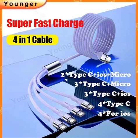 4 In 1 สายชาร์จซิลิโคนเหลว 66w 6a Usb เป็น Ios Type C Micro ชาร์จไวมาก Shopee Thailand