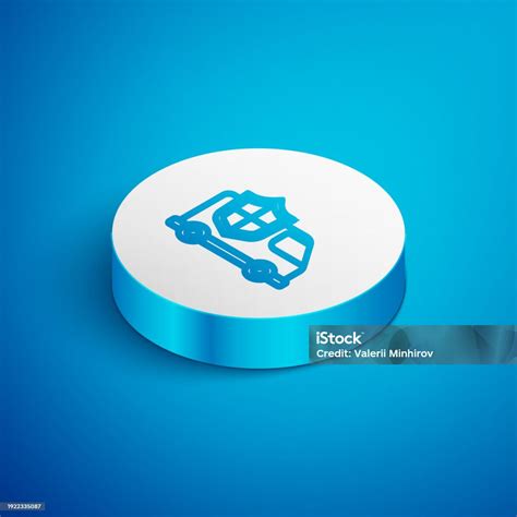 등각 투영 라인 자동차 와 방패 아이콘 와 파란 배경 고립된 위하여 보험 개념 보안 안전 보호 보호 개념 흰색 원 버튼 벡터 3차원 형태에 대한 스톡 벡터 아트 및 기타