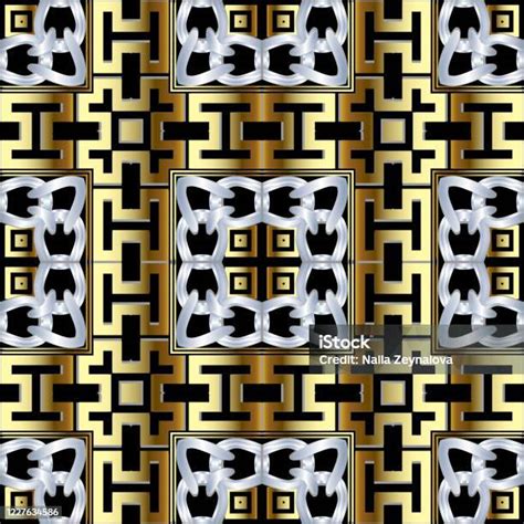 기하학적 그리스어 벡터 3d 원활한 패턴 장식 격자 무늬 배경입니다 텍스처 골드 배경을 반복합니다 기하학적 모양 체인 사각형 테두리 프레임과 그리스 어 키 구이 고대 장식