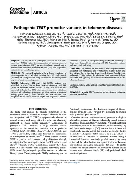Pdf Pathogenic Tert Promoter Variants In Telomere Diseases
