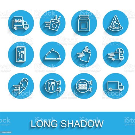 세트 라인 온라인 주문 아이스크림 카페 및 레스토랑 위치 자동차로 빠른 배송 햄버거 음식 트레이 및 아이콘으로 덮여 있습니다 벡터 가리기에 대한 스톡 벡터 아트 및 기타