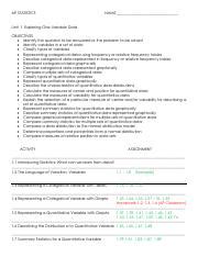 AP Stat Unit Assignment Guide Pdf AP STATISTICS NAME Unit Exploring One Variable Data