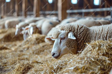 Sheep eating hay in shed Domestic animals feeding at stable Cattle feed concept Livestock farm ...