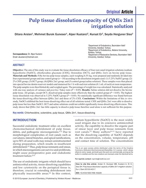 Pdf Pulp Tissue Dissolution Capacity Of Qmix 2in1 Irrigation Solution