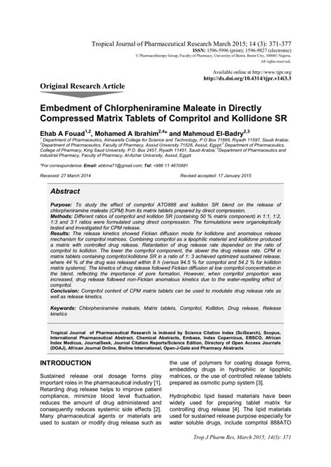 Pdf Embedment Of Chlorpheniramine Maleate In Directly Compressed Matrix Tablets Of Compritol