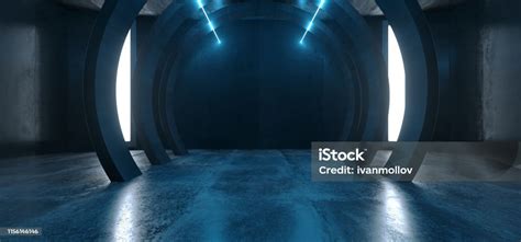 미래 네온 조명 공상 과학 소설 빛나는 블루 가상 활기찬 지하 차고 터널 터널 복도 그런지 콘크리트 반사 어두운 빈 원 모양 3d 렌더링 문에 대한 스톡 사진 및 기타