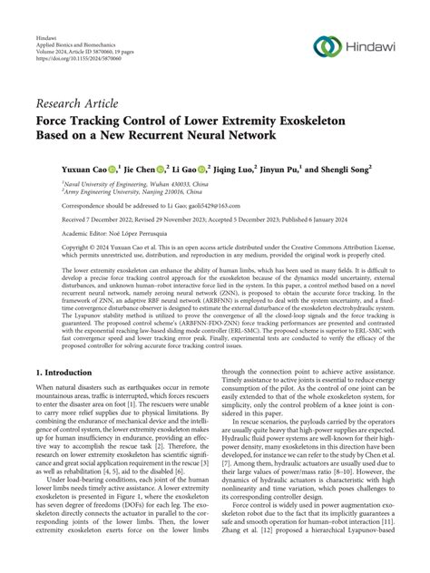 Pdf Force Tracking Control Of Lower Extremity Exoskeleton Based On A New Recurrent Neural Network