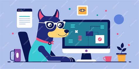 A Nerd Dog Coding A Website On A Desktop Computer Vector Illustration