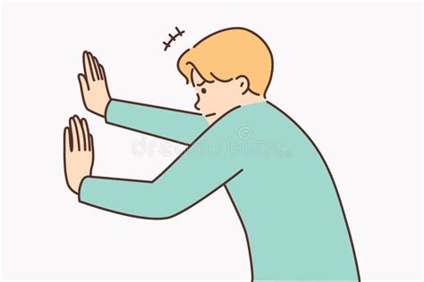 Man Tensely Pushes Invisible Wall With Hands Or Sets Himself Goal Of