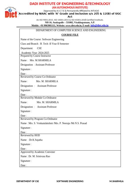 Se Course File Pdf Engineering Quality Management