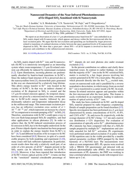 Pdf Nanosecond Dynamics Of The Near Infrared Photoluminescence Of Er Doped Sio 2 Sensitized