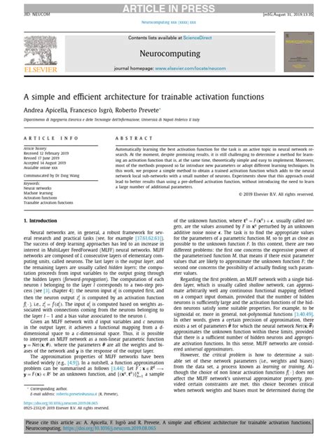 Apicella Et Al 2019 A Simple And Efficient Architecture For Trainable Activation Functions
