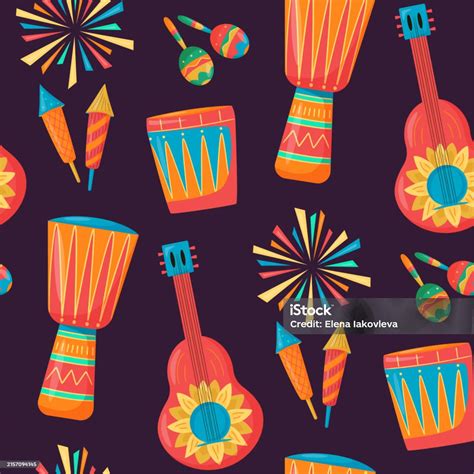 악기와 함께 완벽 한 패턴 불꽃놀이 마라카스 드럼 어두운 배경에 기타가 있는 축제 Junina 축하 디지털 종이 카드 배너용 전통 축제 주니나 6월에 대한 스톡 벡터 아트