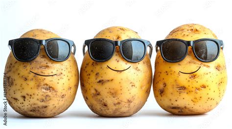 Three Funny Potatoes With Human Faces Wearing Sunglasses Isolated On