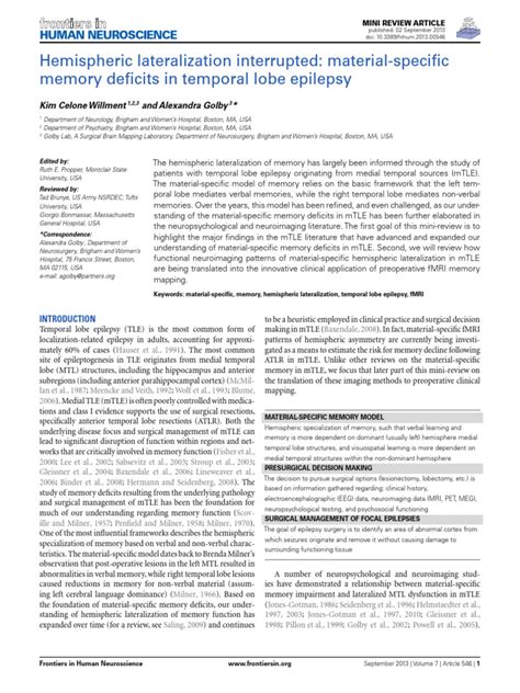 Hemispheric Lateralization Interrupted2013 Pdf Memory Temporal Lobe