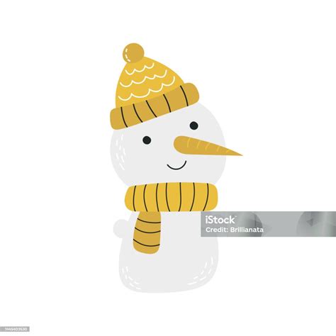 노란 모자와 스카프를 두른 웃는 눈사람 손으로 그린 흰색으로 분리 12월에 대한 스톡 벡터 아트 및 기타 이미지 12월