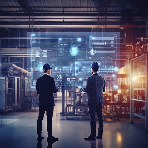 Premium Ai Image Factory Digitalization Two Industrial Engineers Use Tablet Computer Big Data