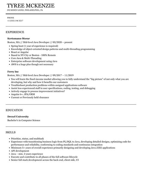 Mid Level Java Developer Resume Samples Velvet Jobs