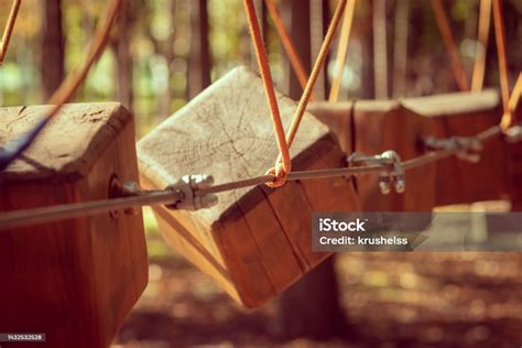 어드벤처 파크의 다리 로프 및 사다리는 키가 큰 나무 사이의 초보자를 위해 설계되었습니다 높은 로프 코스에서 모험 등반 0명에 대한 스톡 사진 및 기타 이미지 Istock