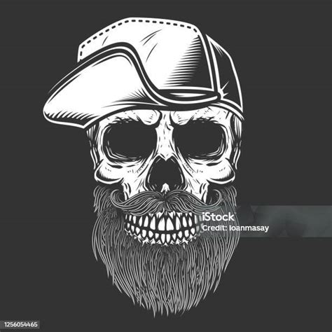 조각 스타일로 야구 모자에 수염 두개골의 그림 엠블럼 기호 포스터 카드 배너를 위한 디자인 요소 벡터 일러스트레이션 0명에 대한 스톡 벡터 아트 및 기타 이미지 Istock