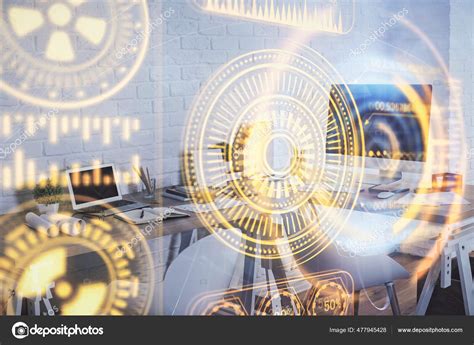 Double Exposure Tech Theme Drawings Office Interior Background Technology Concept Stock Photo