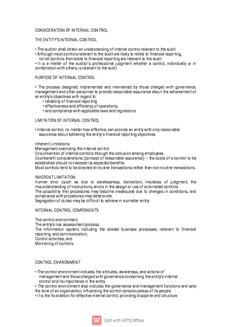 At Internal Control Lecture Notes Consideration Of Internal Control The Entitys Internal