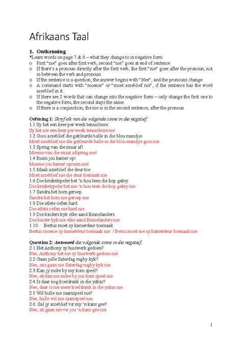 Afrikaans Taal Ontkenning Learn Words On Page 7 And 8 What They