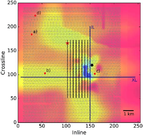 Survey Geometry Overlaid With The Starting P Wave Velocity Model The